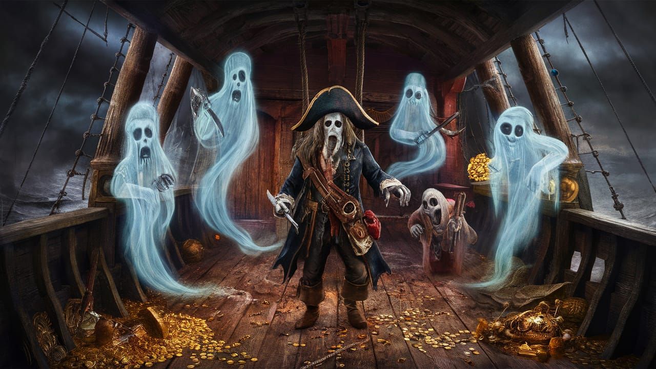 the interior of a haunted pirateship with severeral pirate ghosts all ...
