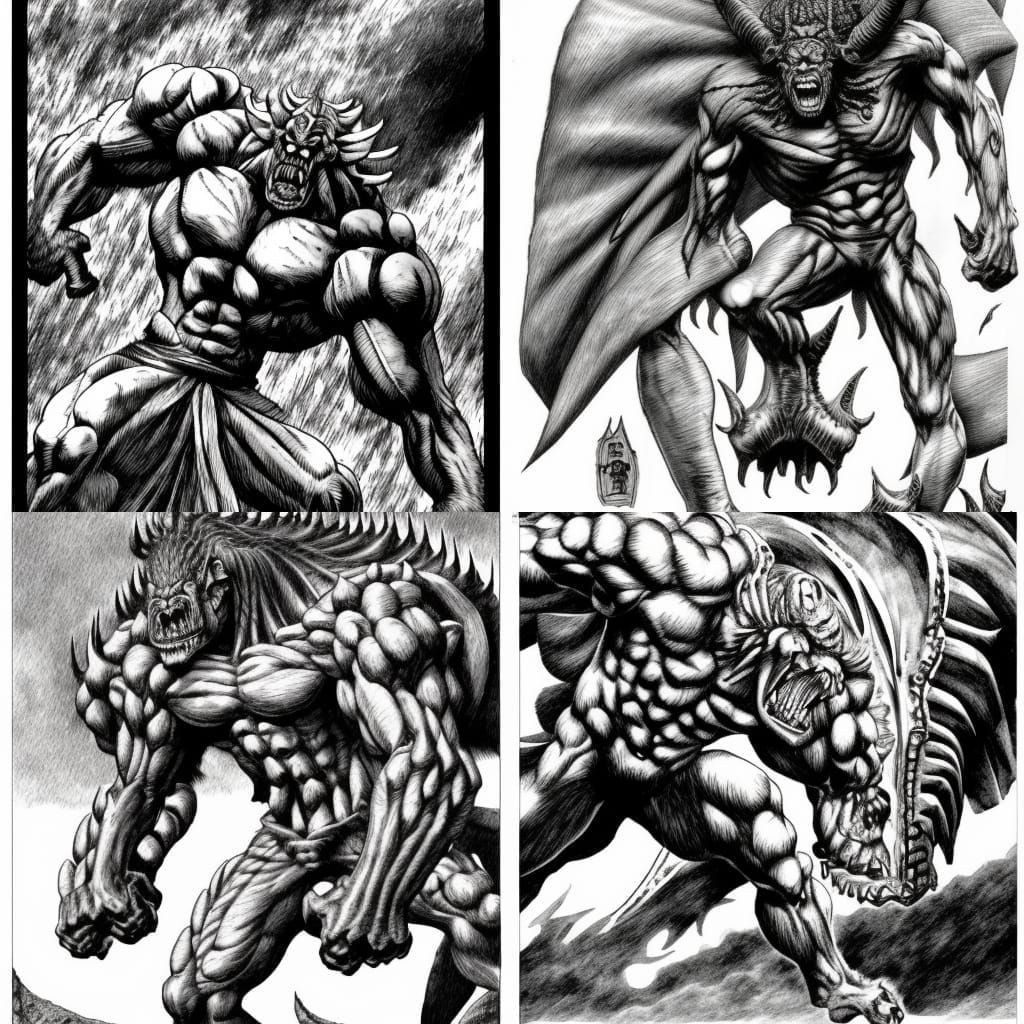 Zodd, apostle form, detailed, black and white, Kentaro Miura art style ...
