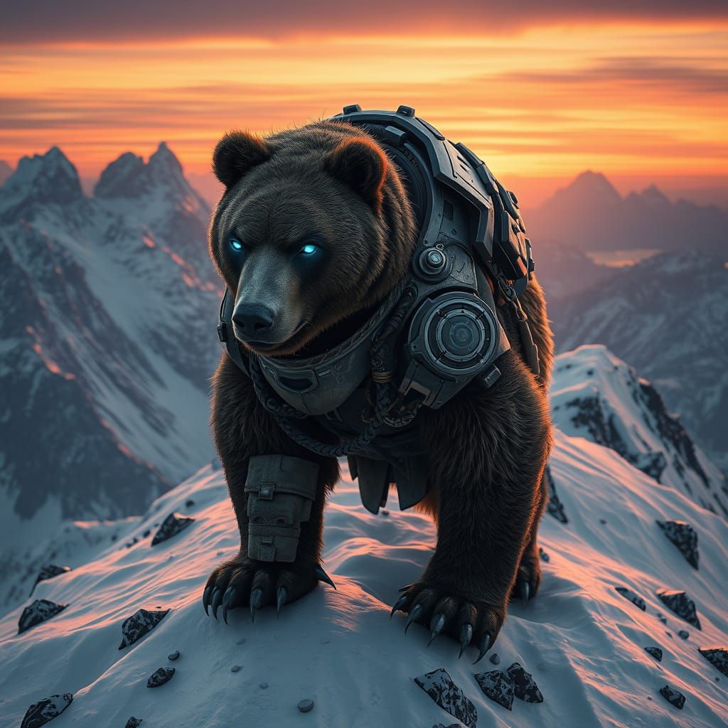 Cyborg Grizzly Bear on Snowy Peak at Sunset - AI Art