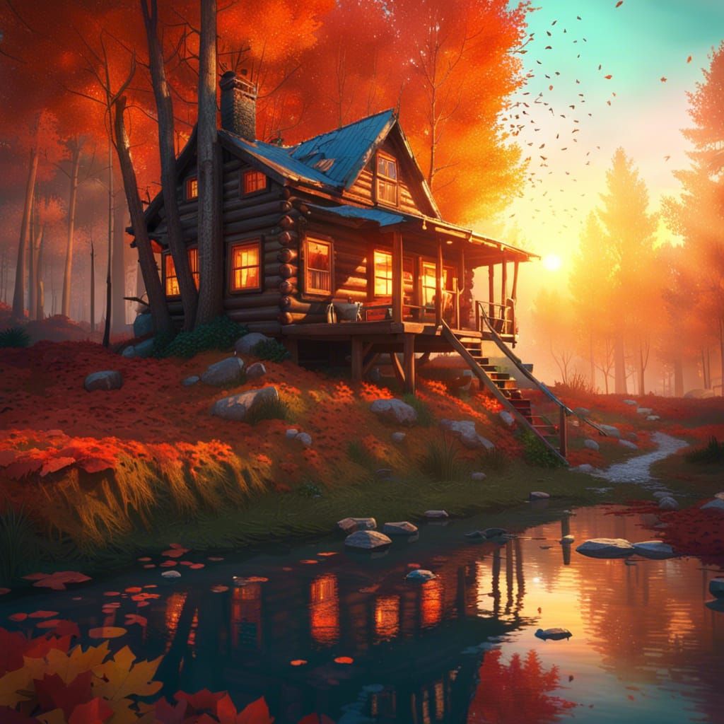 Log cabin sunset - AI Generated Artwork - NightCafe Creator