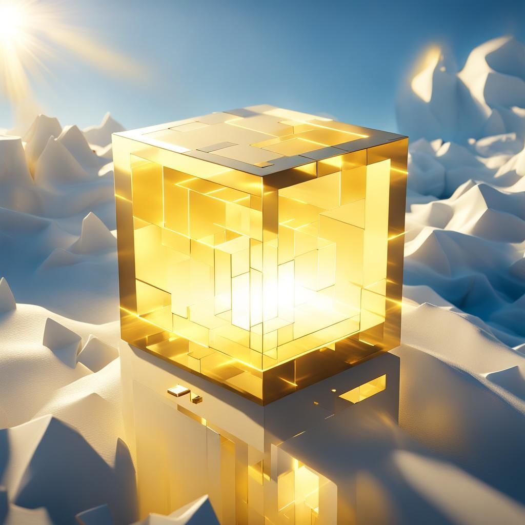 A glowing white-yellow cube exuding the pure essence of sunlight. It ...