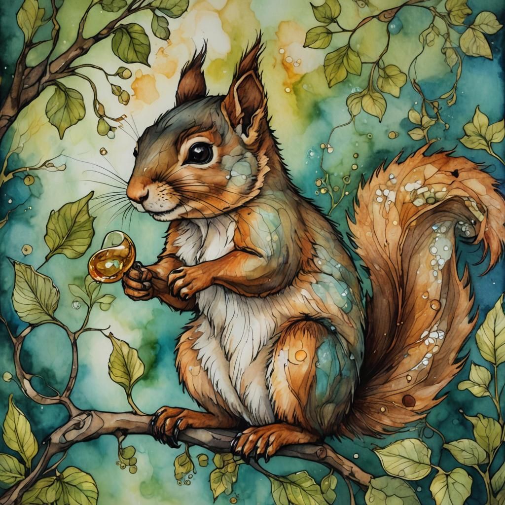 whimsical adorable squirrel, alcohol ink in the style of Rebecca Guay ...