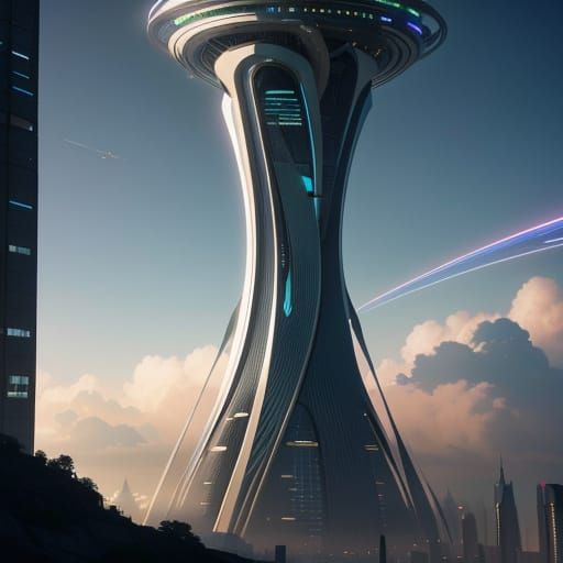 Solarpunk Tower in Vibrant Iridescent Patterns - AI Art