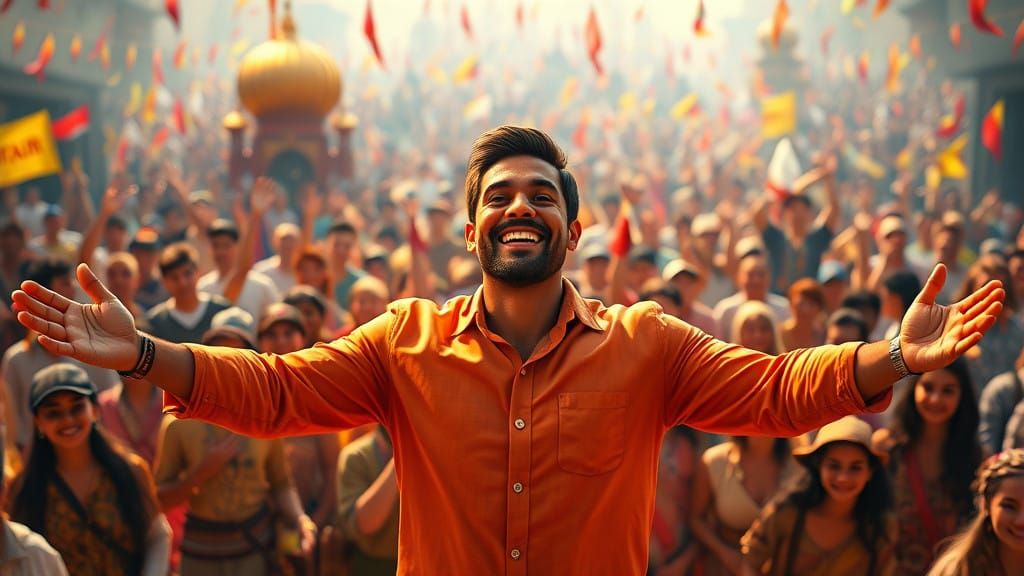 Charismatic Man Welcomes Diverse Crowd in Vibrant ... - AI Art