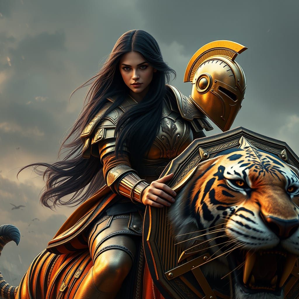 Latin American Paladin Rides Golden War Tiger - AI Art