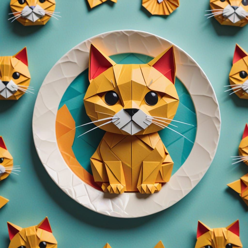Origami Cat Plate Art in Soft Focus - AI Art