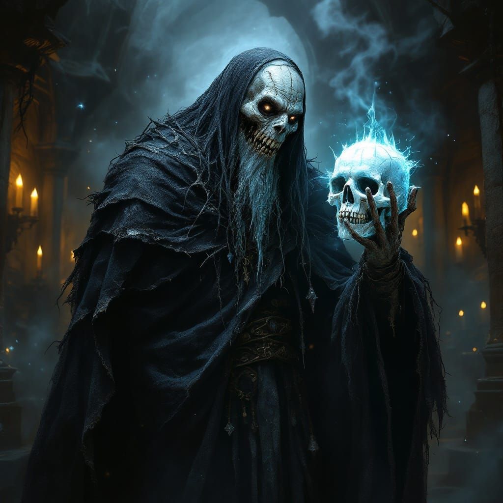 A lich king holding a frozen skull in his hand.