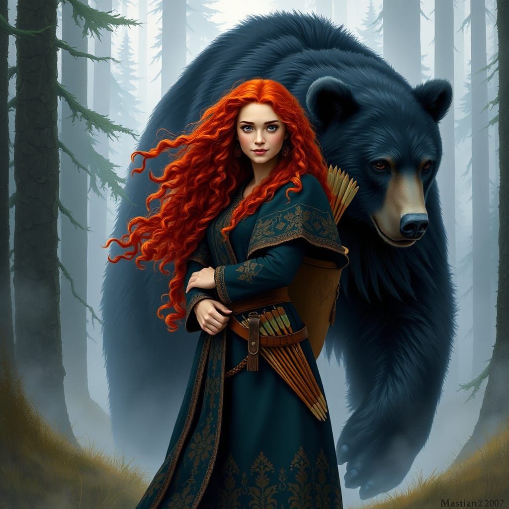 Merida Surrounded by a Majestic Black Bear in a Sc... - AI Art