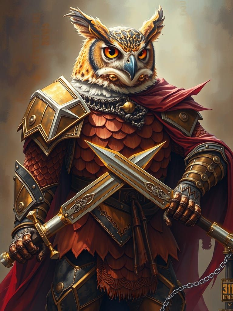 An owl warrior wearing armor of brown scales and a red cape, with ...