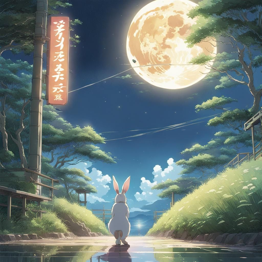 A Rabbit on a Paradise Moon, - Ethereal Rabbit Adorns Sere...