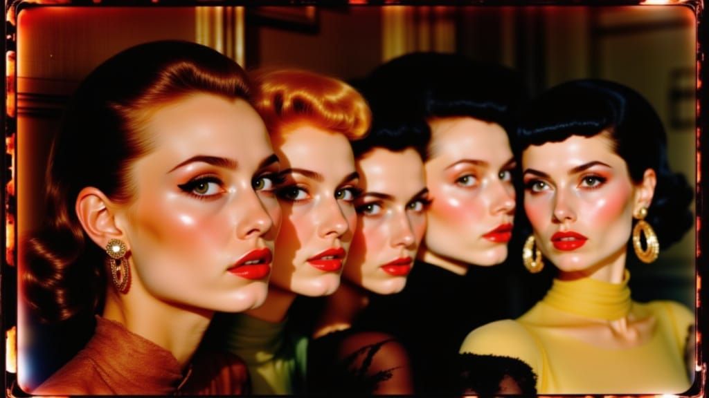 Five striking supermodel faces aligned side by side , styled as ...