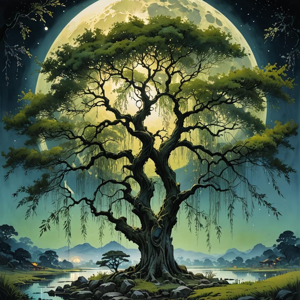 Willow tree in the moonlight, ver. 2 - AI Generated Artwork - NightCafe Creator