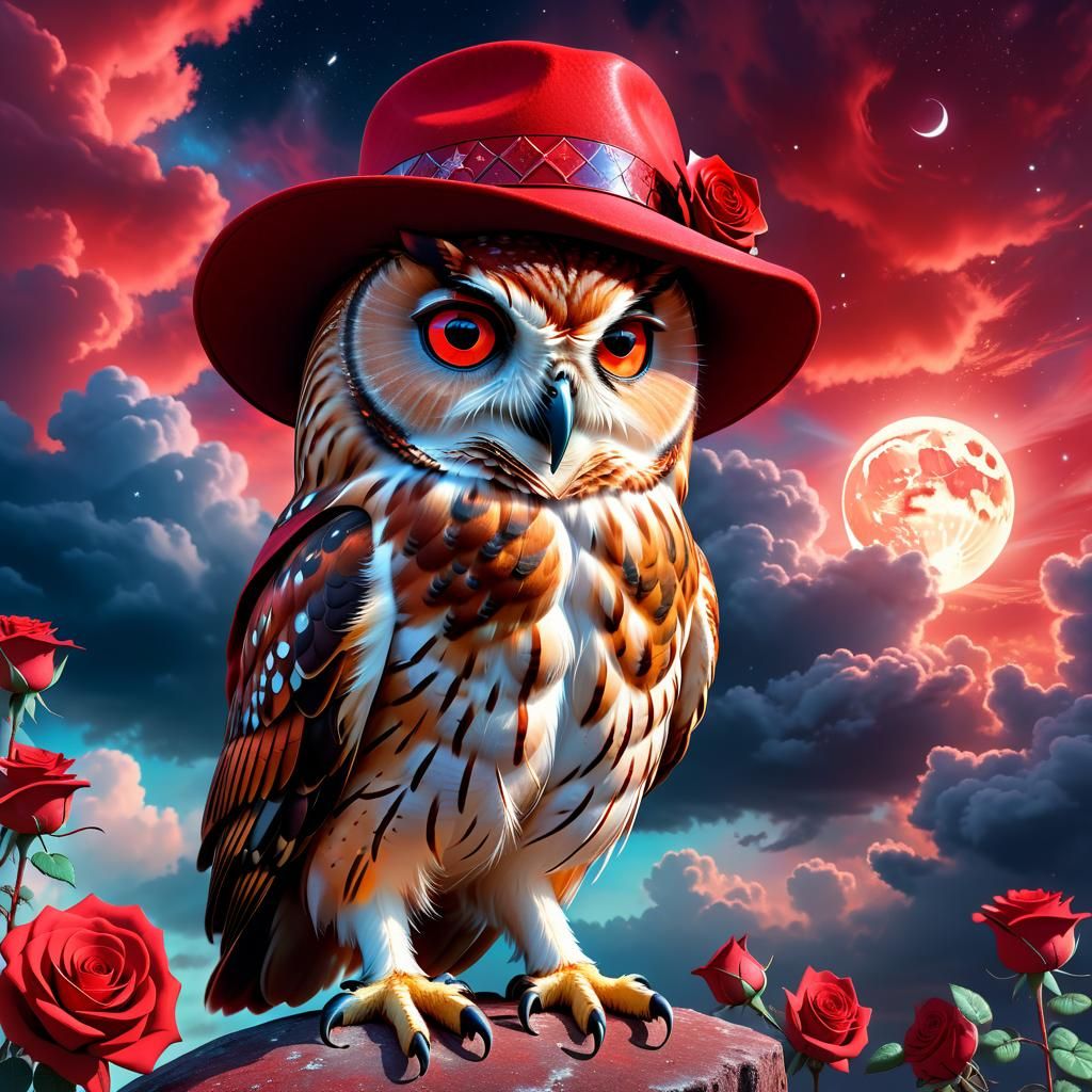 A red female Owl wearing a red fedora hat. - AI Generated Artwork ...
