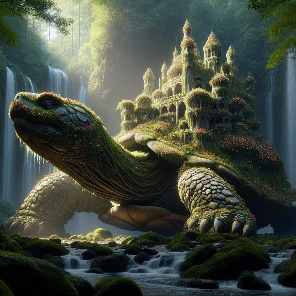 The image is of a giant moss covered turtle walking slowly through a ...