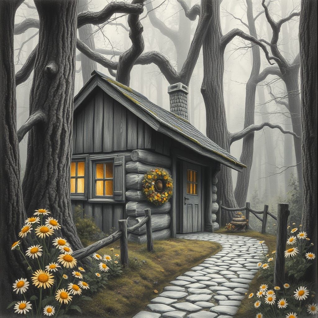 Surreal Woodland Cabin Illuminated by Golden Light - AI Art