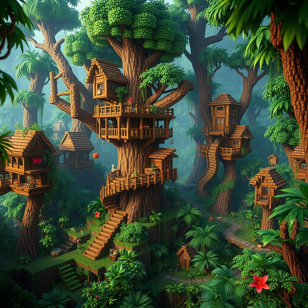 Minecraft Jungle Village - Blocky Jungle Village in Vibrant...