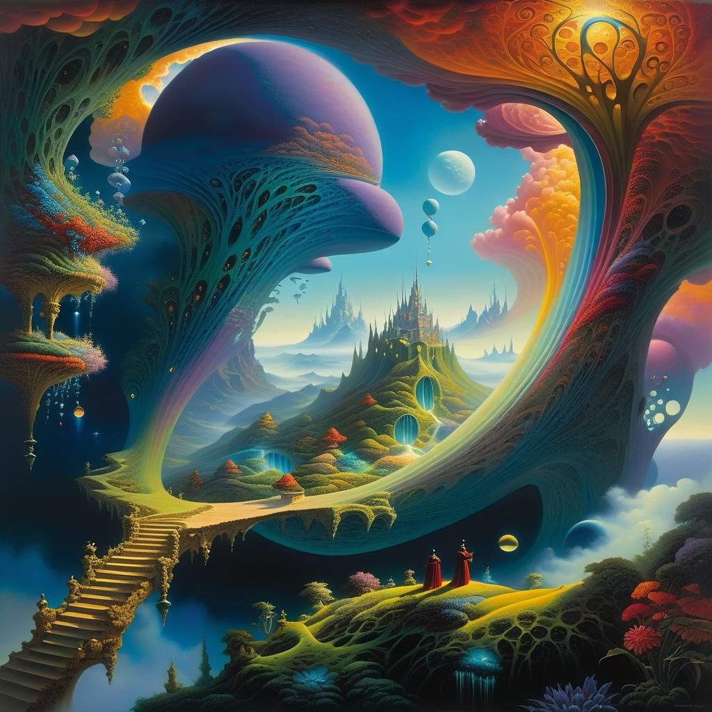 Surrealist painting depicting a dreamlike scene with floating islands ...