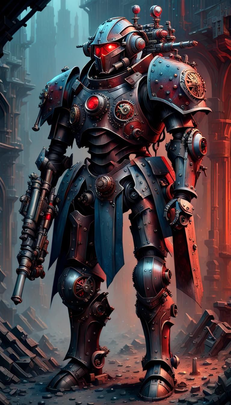 Mech built like a medieval armor,backpack with petrol engine ...