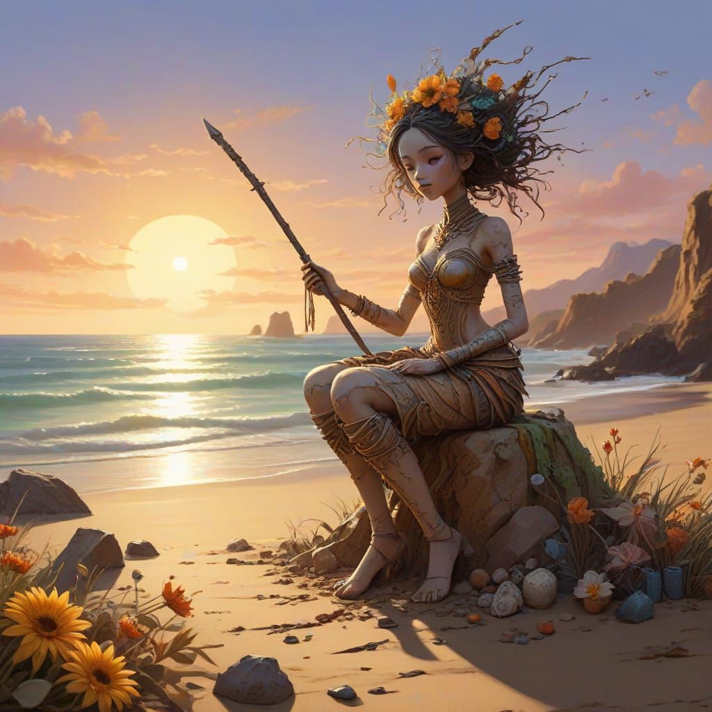 A limbodancer from clay with tools at the beach, beautiful sky and sunshine