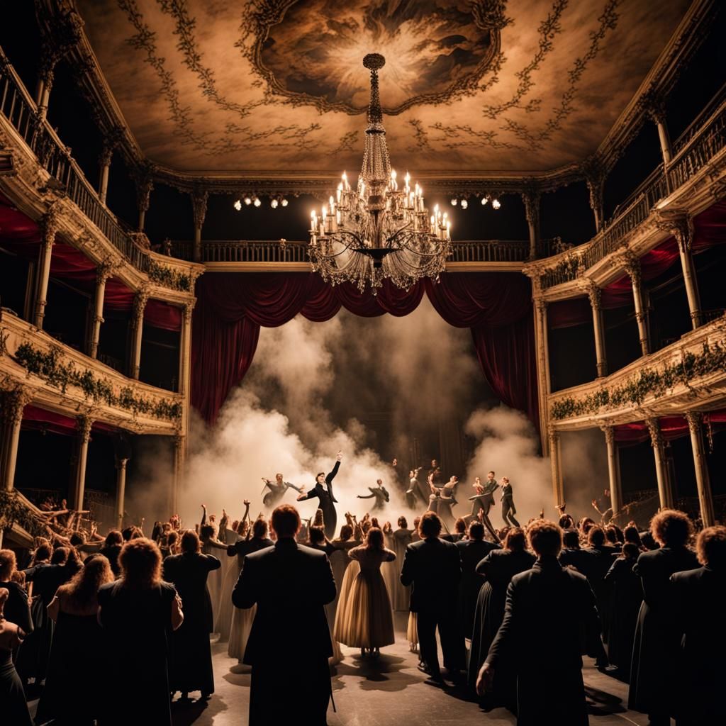 The Phantom of the opera is standing in the wings as the chandelier ...
