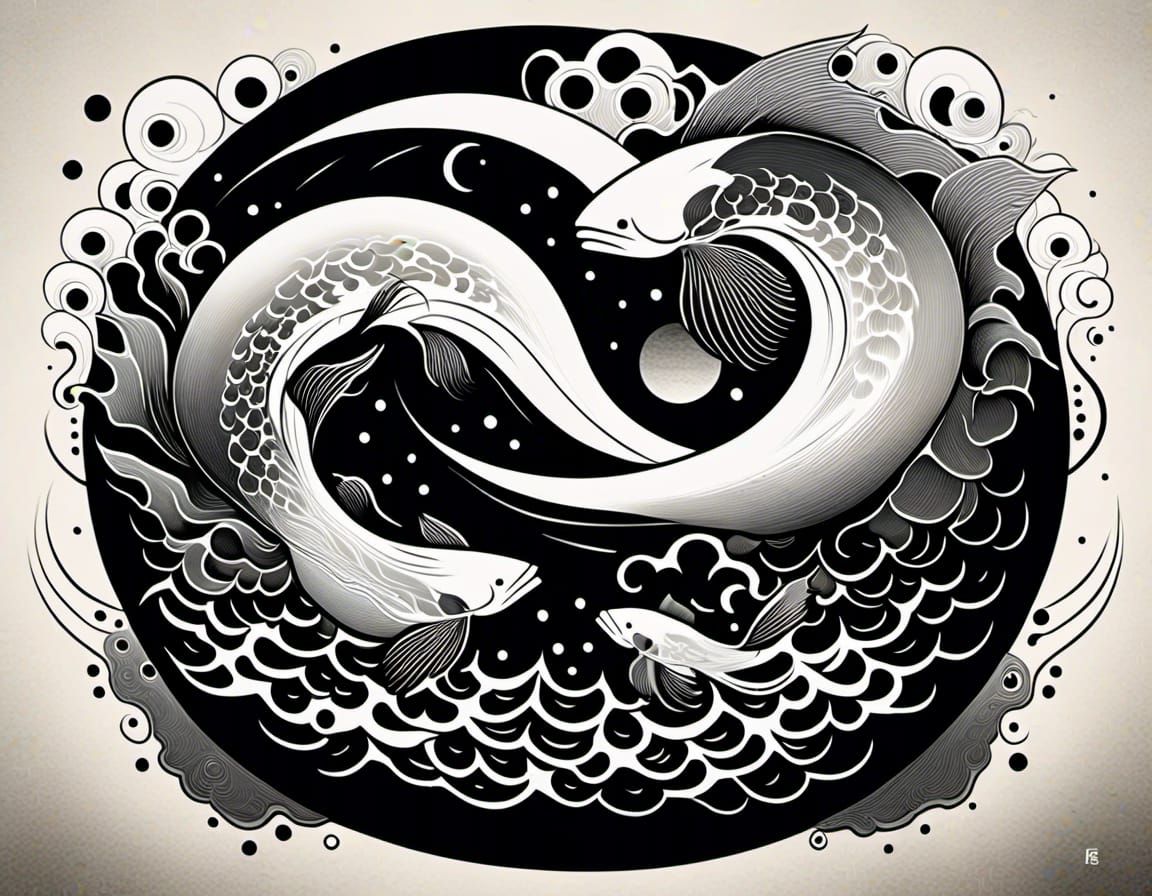 a black and white painting of a fish, an ink drawing, inspired by Wu ...