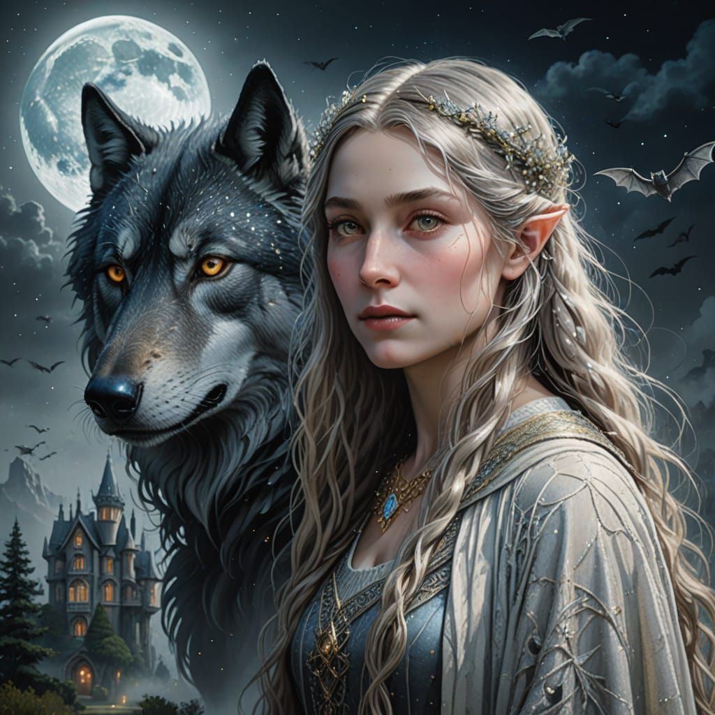 Galadriel LOTR is a Witch with her magical Wolf at her castle