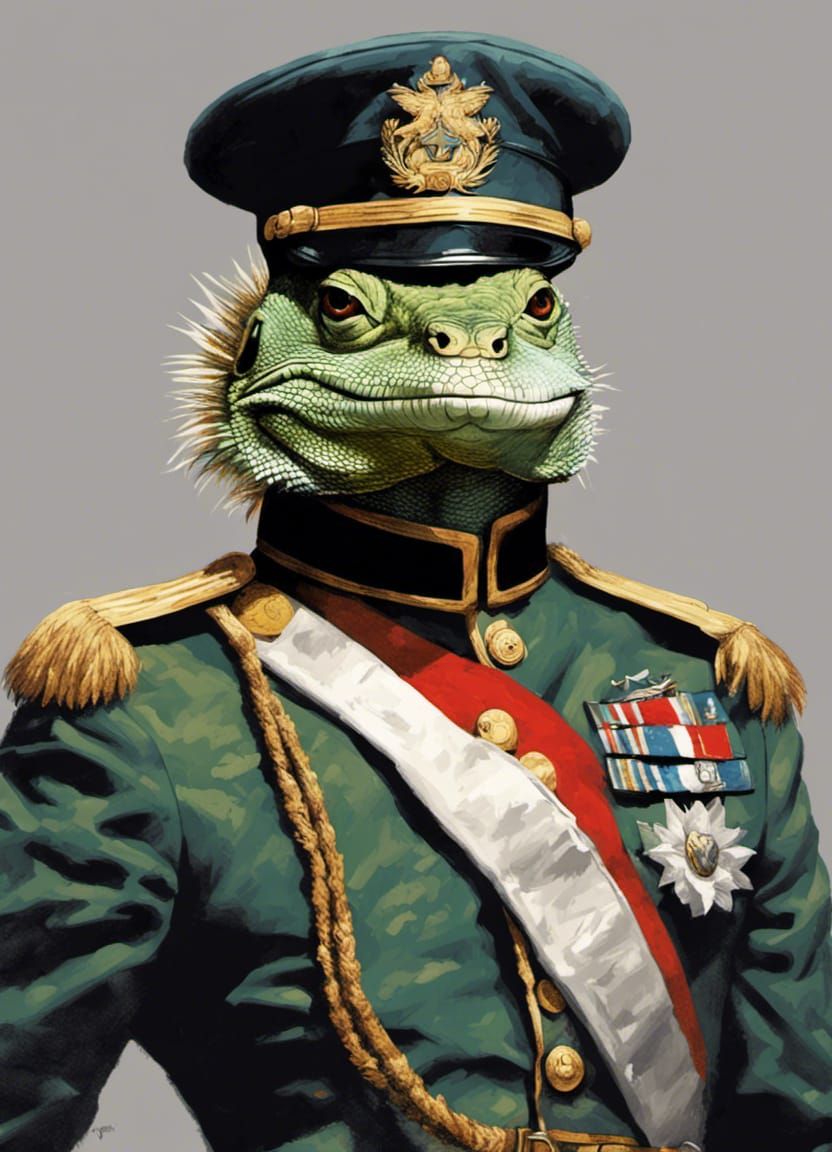 full color portrait of a lizard dressed in military uniform, in the ...