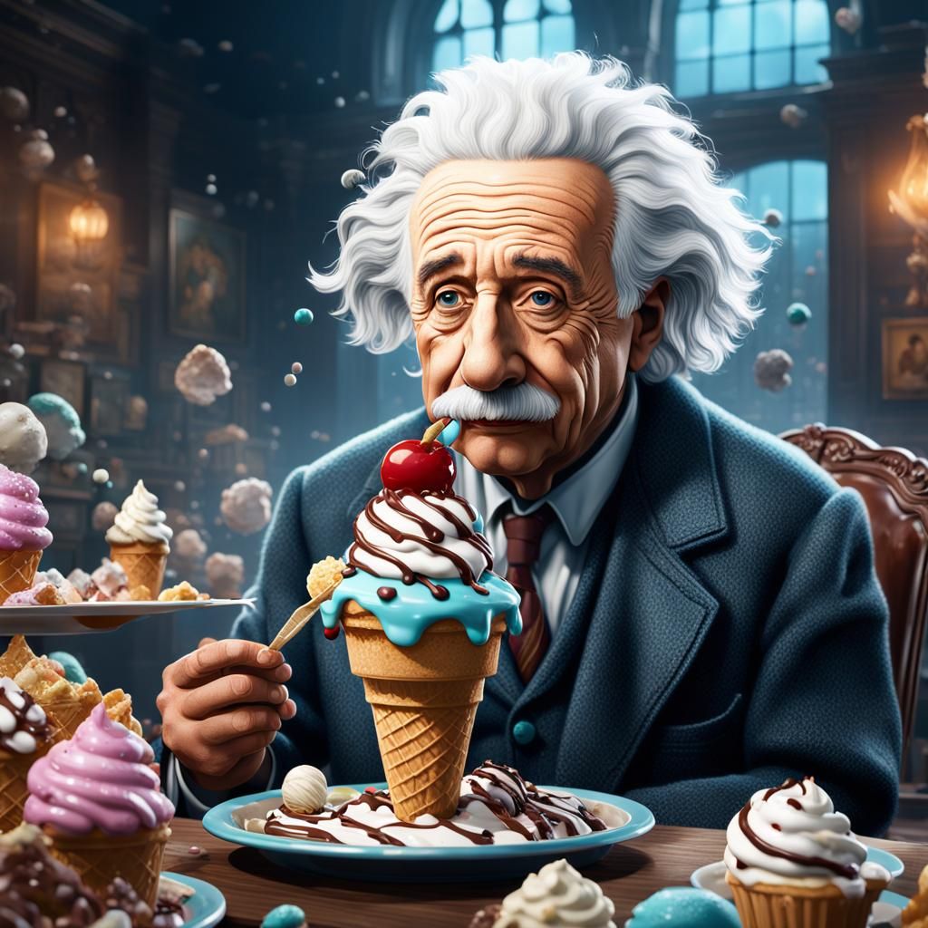Albert Einstein eating a giant Icecream Sundae - AI Generated Artwork - NightCafe Creator