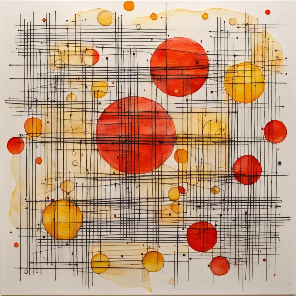 Geometric Art, precisionism, red circles crossing by black thin lines ...