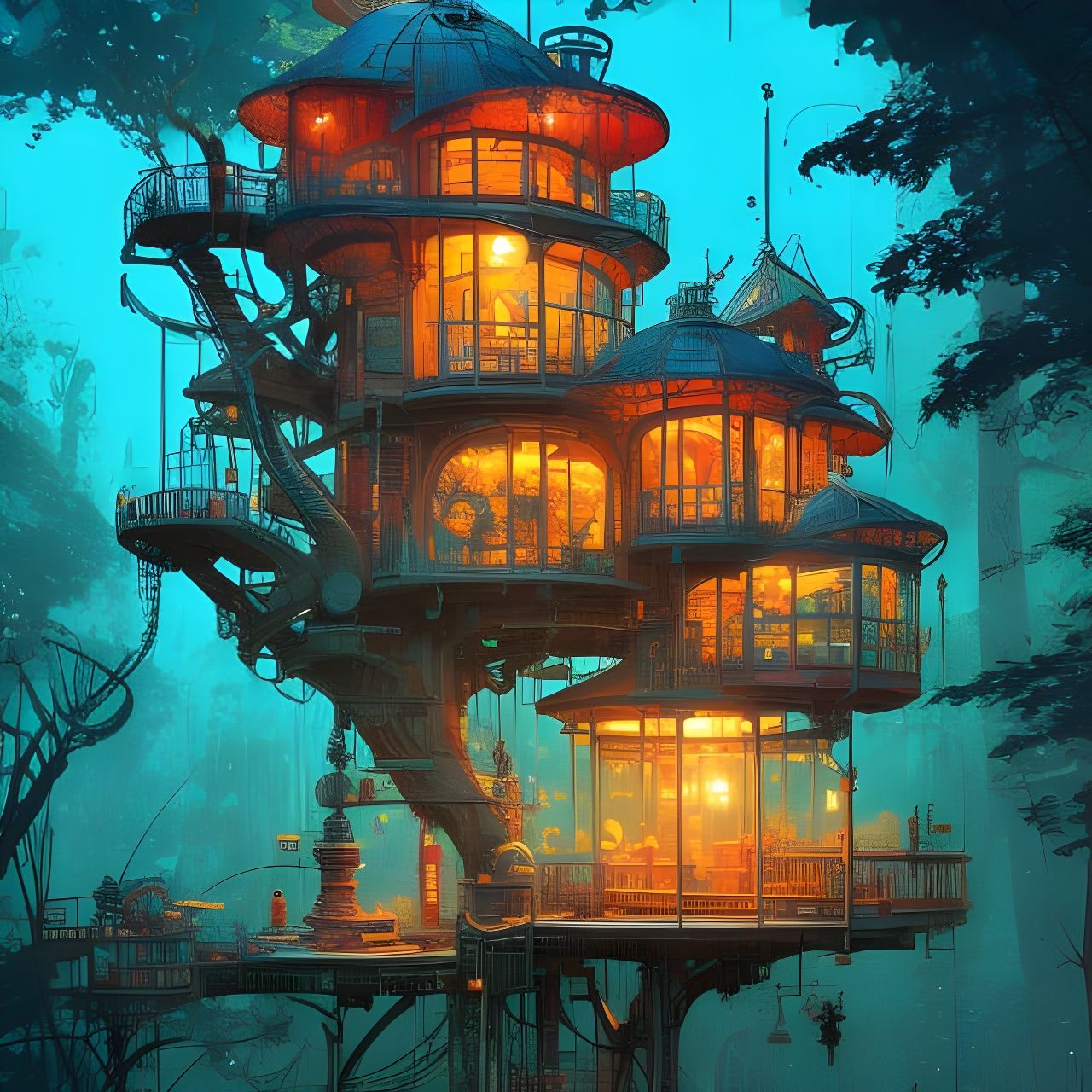 neon treehouse Hyper-detailed masterpiece by Nate Simpson Buthcer Billy ...
