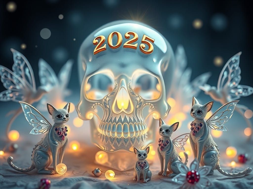 Crystal skull with winged cats - Crystal skull with winged c...