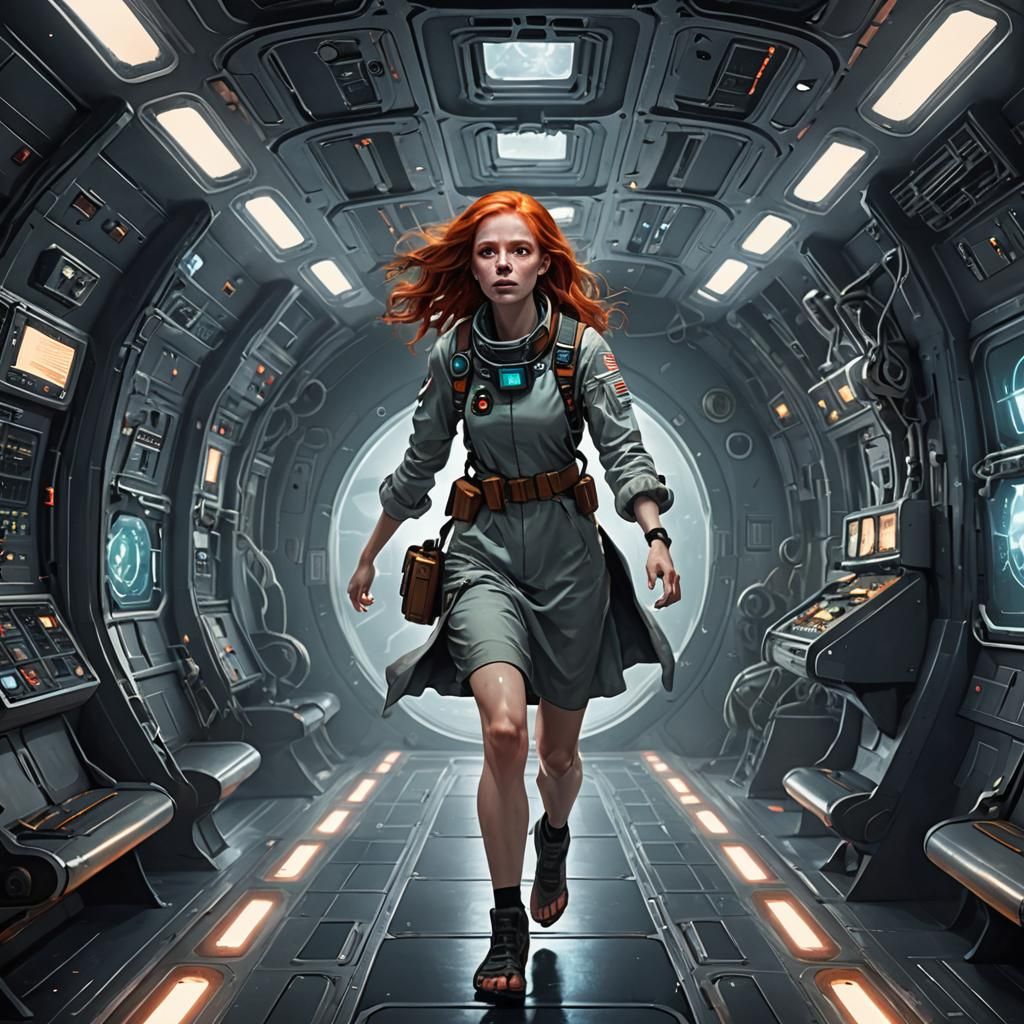 Barefoot redhead girl aboard a haunted spaceship, Behance HD - AI Generated Artwork - NightCafe ...