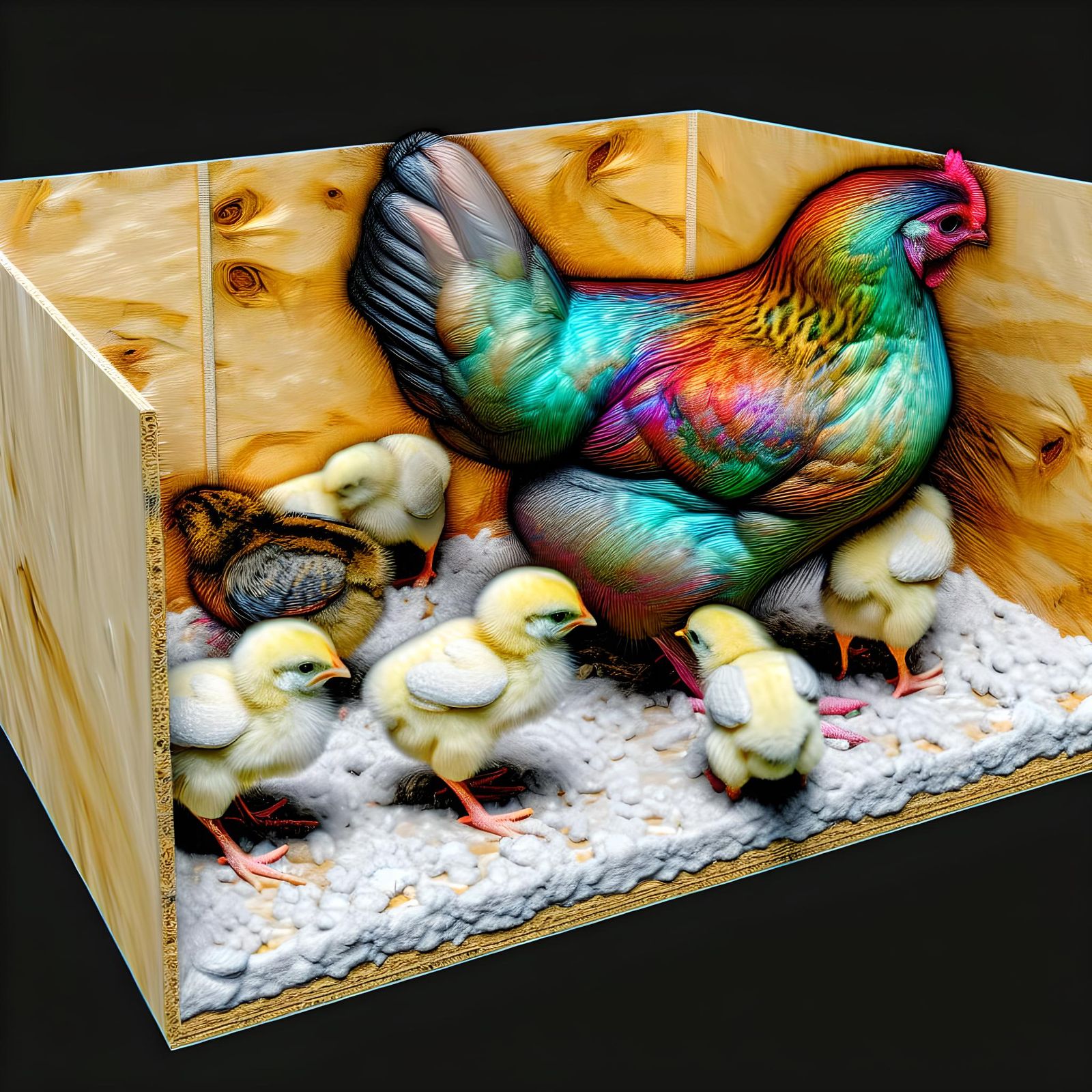 chickens in a contained area with two baby chicks detailed feathers ...