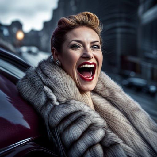 Female mafia boss fur coat laughing sea drinking wine car gun - AI ...