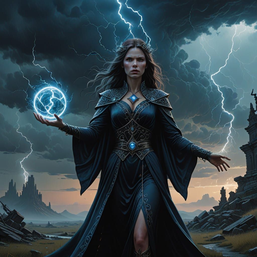 Mystical Sorceress in Black Satin and Lace, Lightn... - AI Art