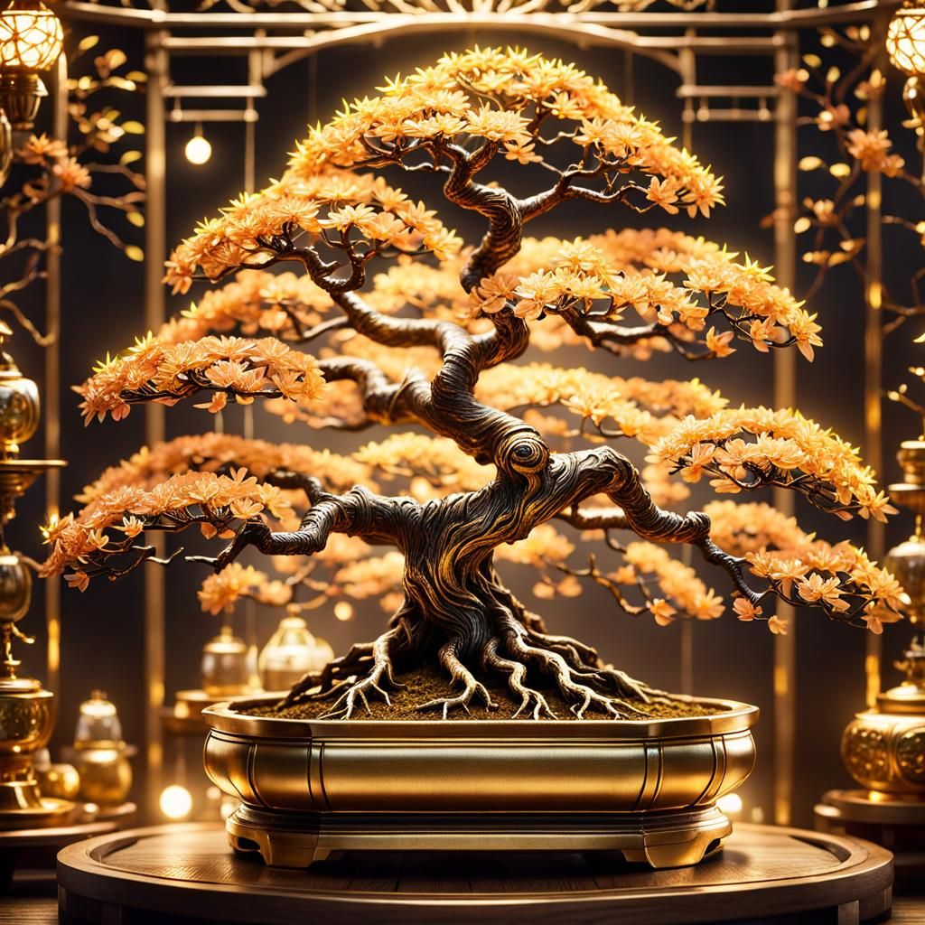 A Beautiful Sakura Bonsai Tree. Gold Metallic Sculpted Tree Trunk ...