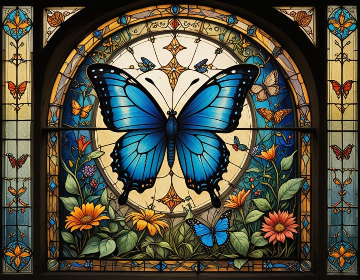 The Butterfly Window - Medieval Butterfly Stained Glass Wind...