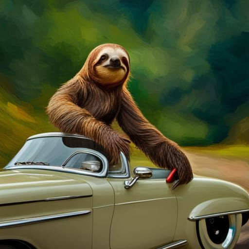 A SLOTH riding in Car ,impasto ,ACTION - AI Generated Artwork ...