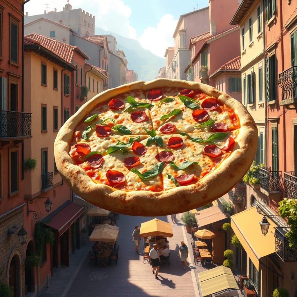 Flying pizza - Gigantic Pizza Floats Above Italian Piazza