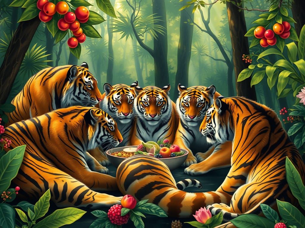 Tigers Share Feast in Vibrant Forest Scene - AI Art