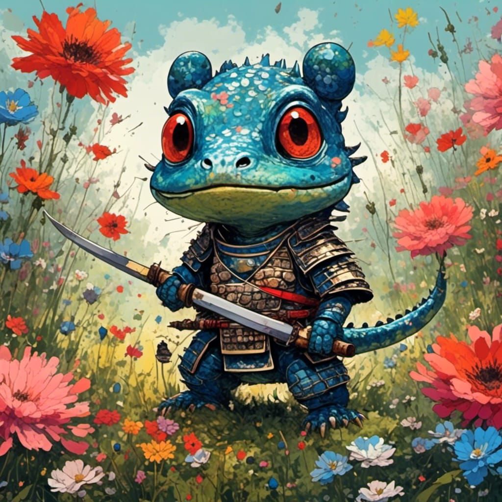 surreal masterpiece! Samurai lizard strong expression Chibi alligator ...