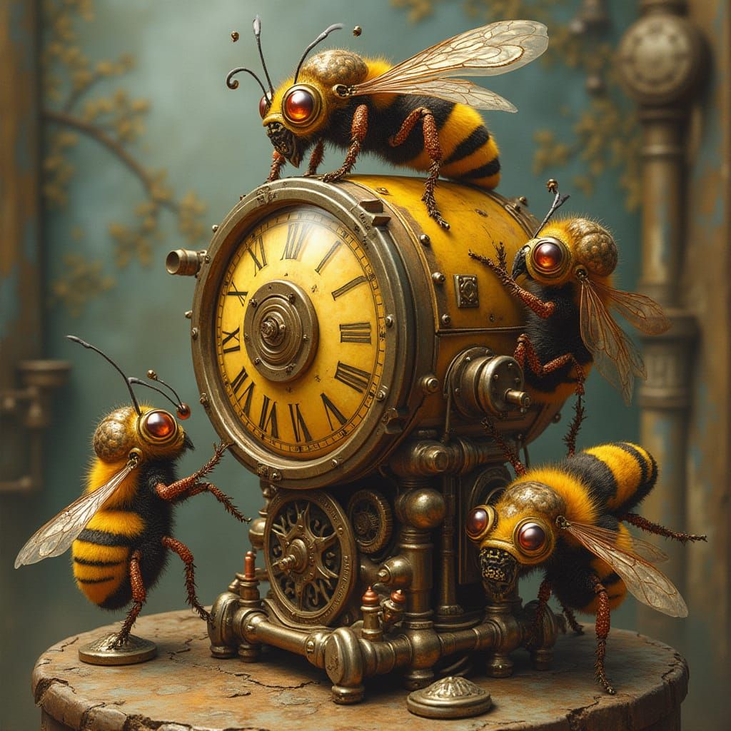 Clockwork Colony: Steampunk Bees Keeping Time Together.