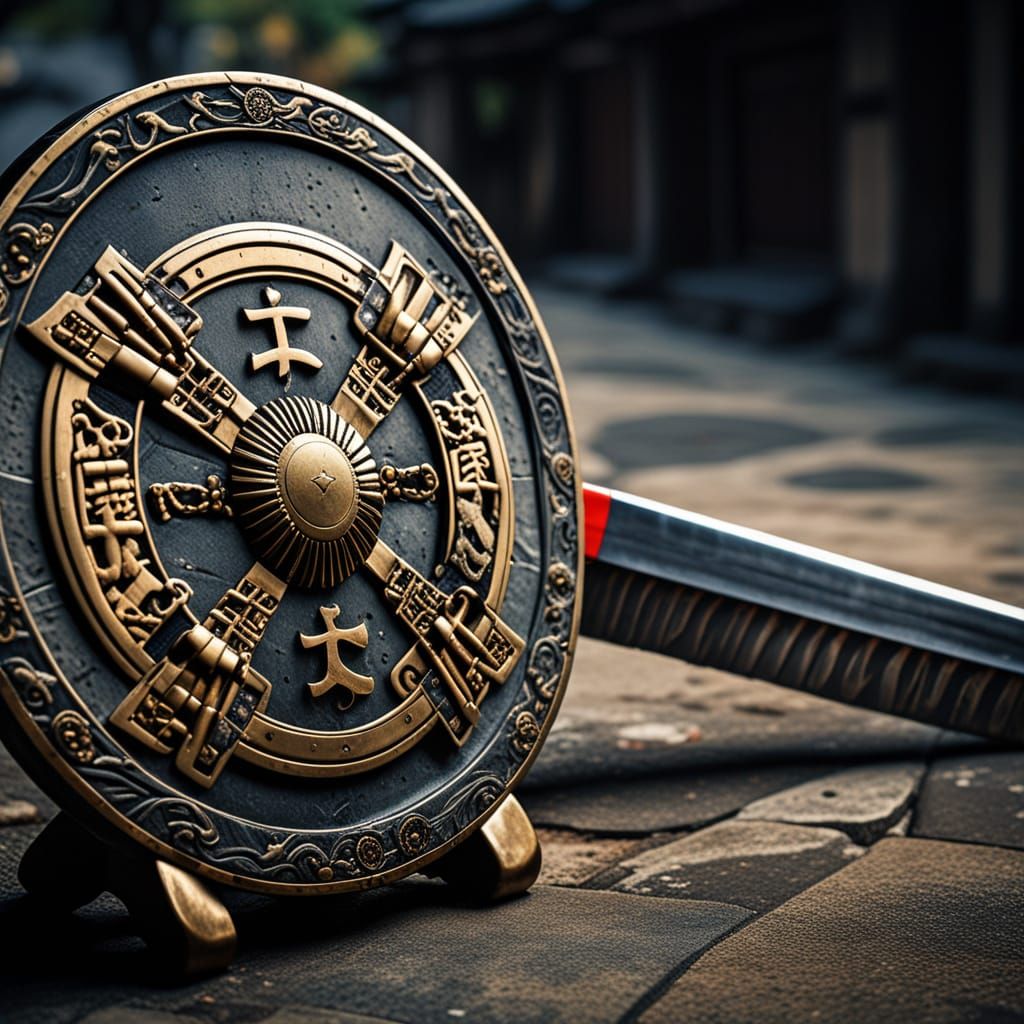 a legendary samurai shield and katana