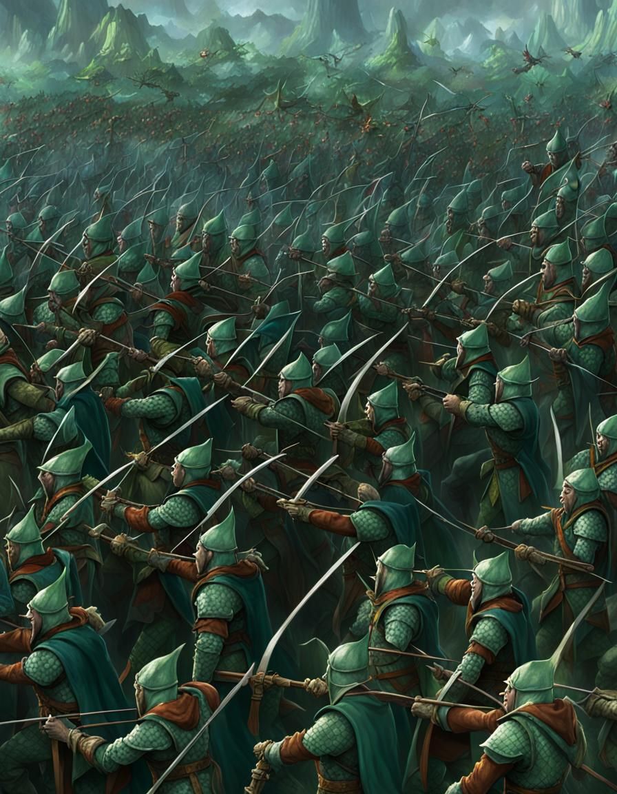 Massed Elven archers shooting at a horde of Orcs. - AI Generated ...