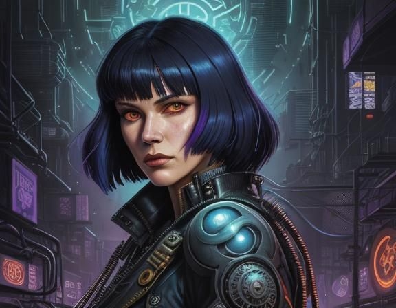 Cyberpunk 2099 graphic novel art. Close-up portrait. Betty Page as ...