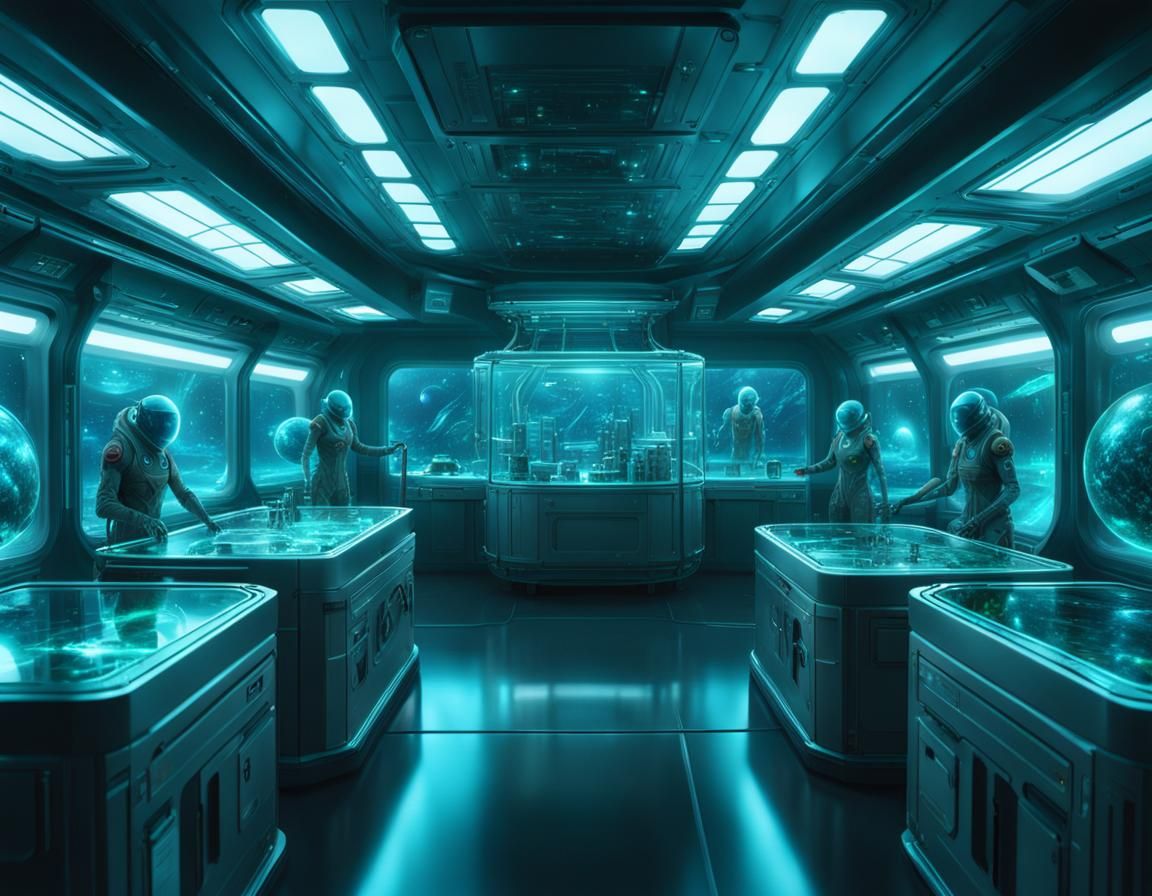 Human bodies suspended in bioluminescence_fluid in glass containers, on ...