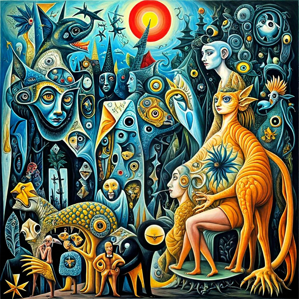 Surreal painting of a strange world with bizarre hybrid animals and ...