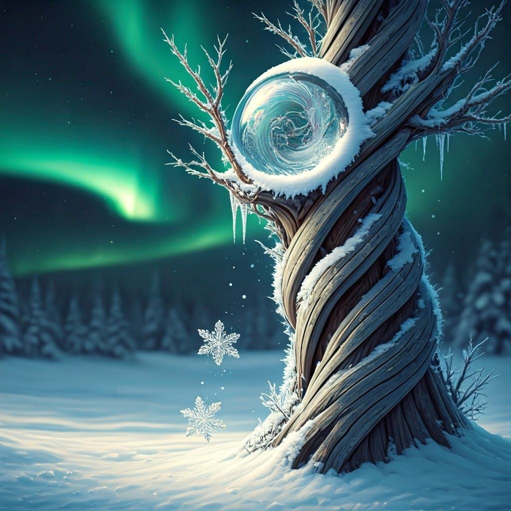 A majestic, ancient tree trunk, its rugged, silvery bark etched with ...