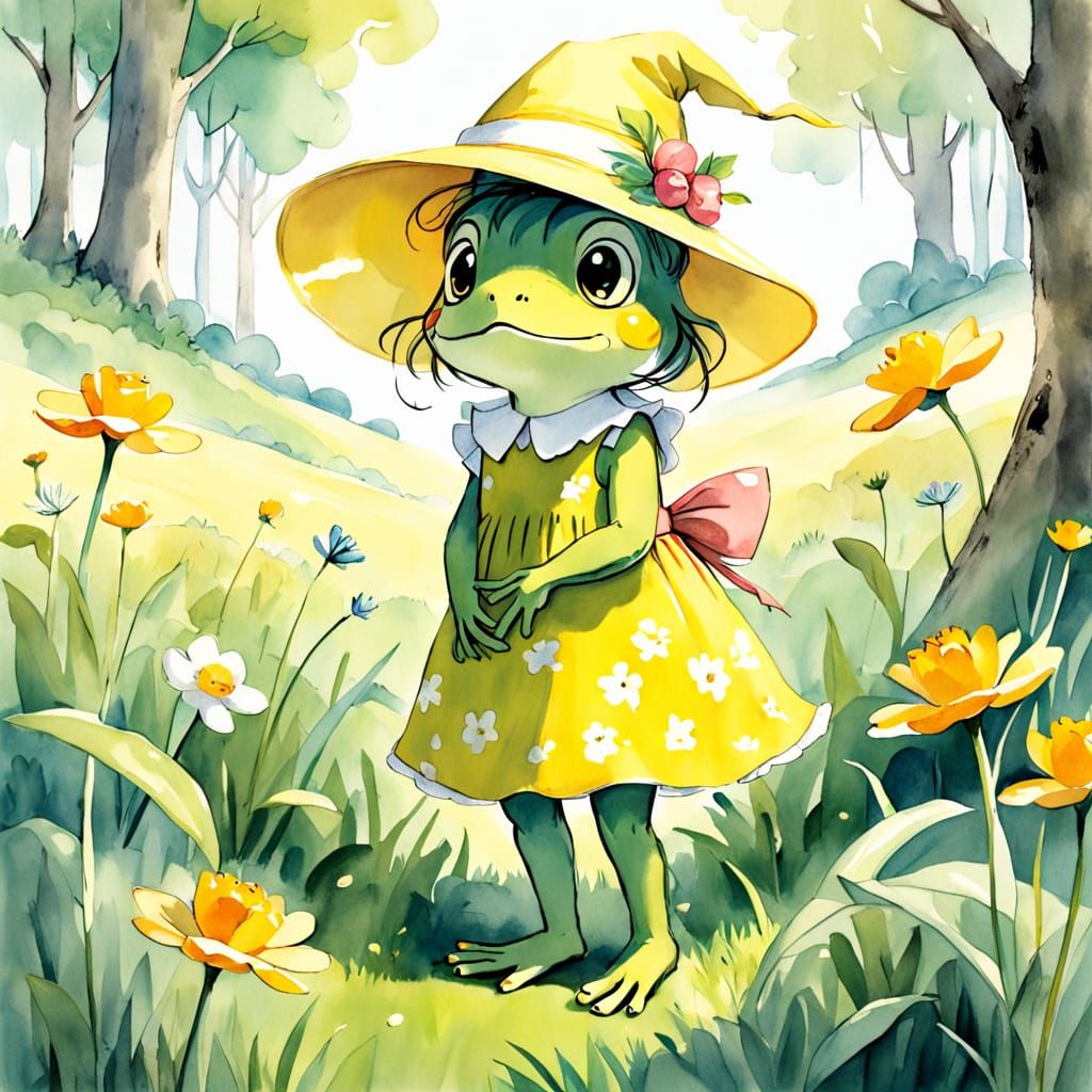 Whimsical Watercolor Frog Cub in a Bright Yellow S... - AI Art