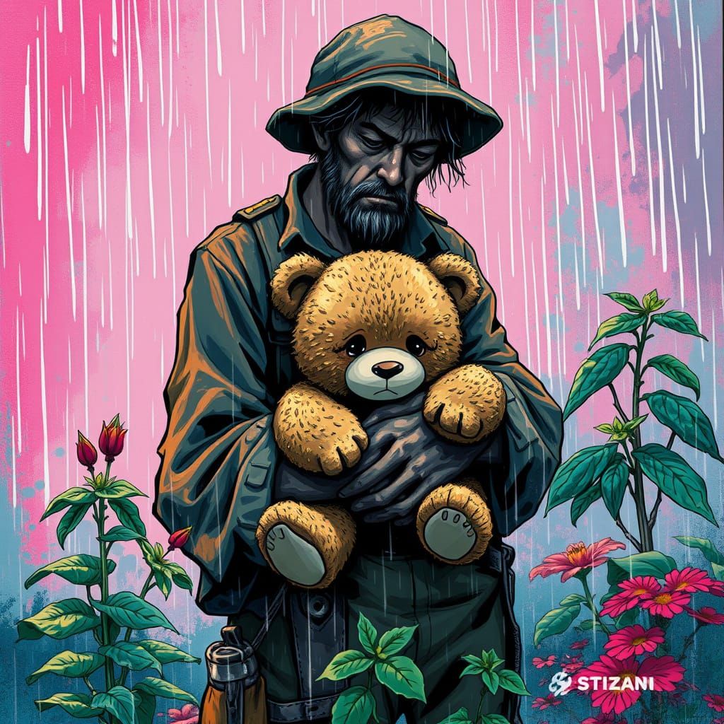 A Melancholic Farmer and Cryokinetic Teddy Bear in... - AI Art